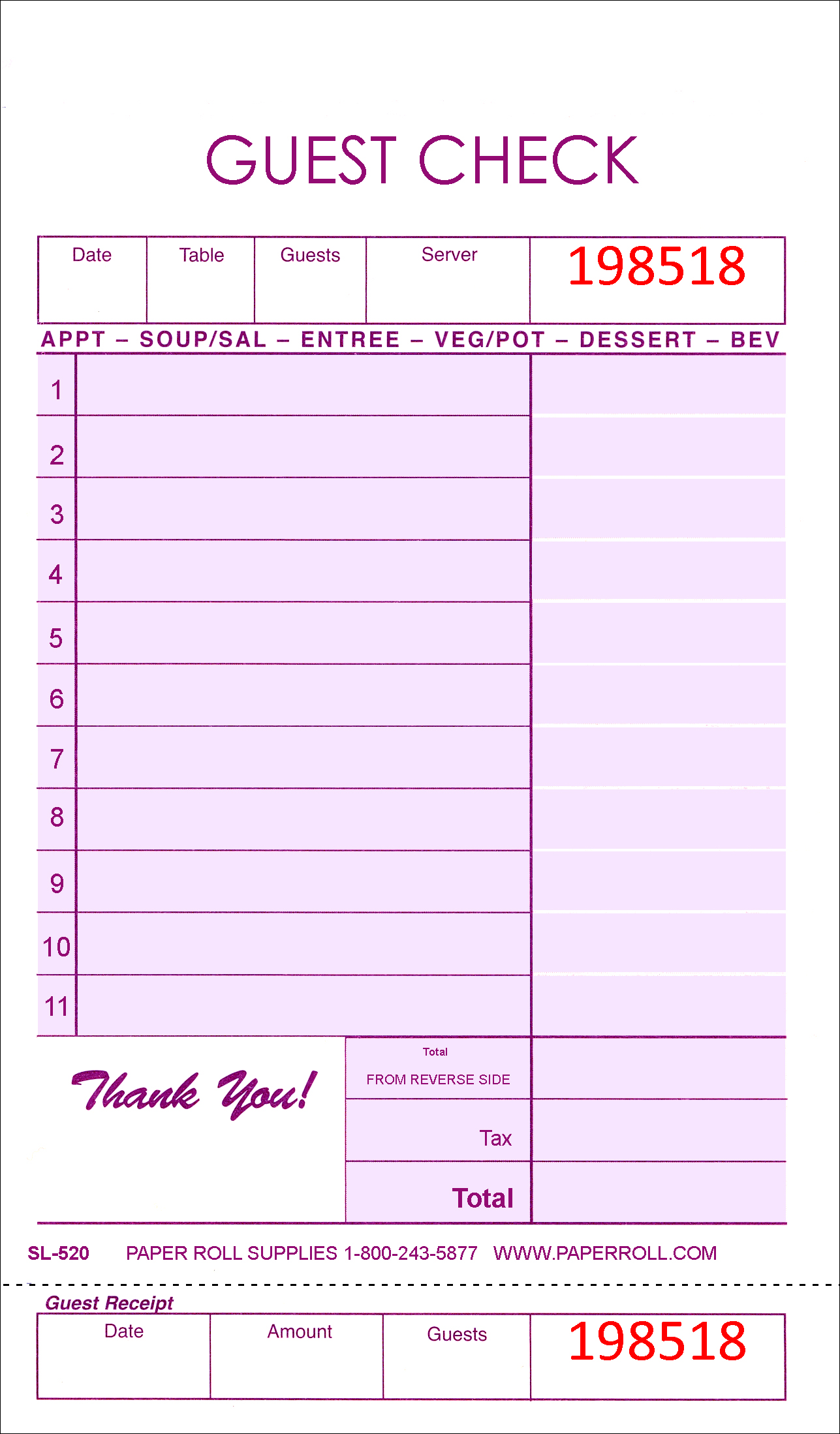 GUEST CHECKS | Paper Roll Supplies | 800-243-5877